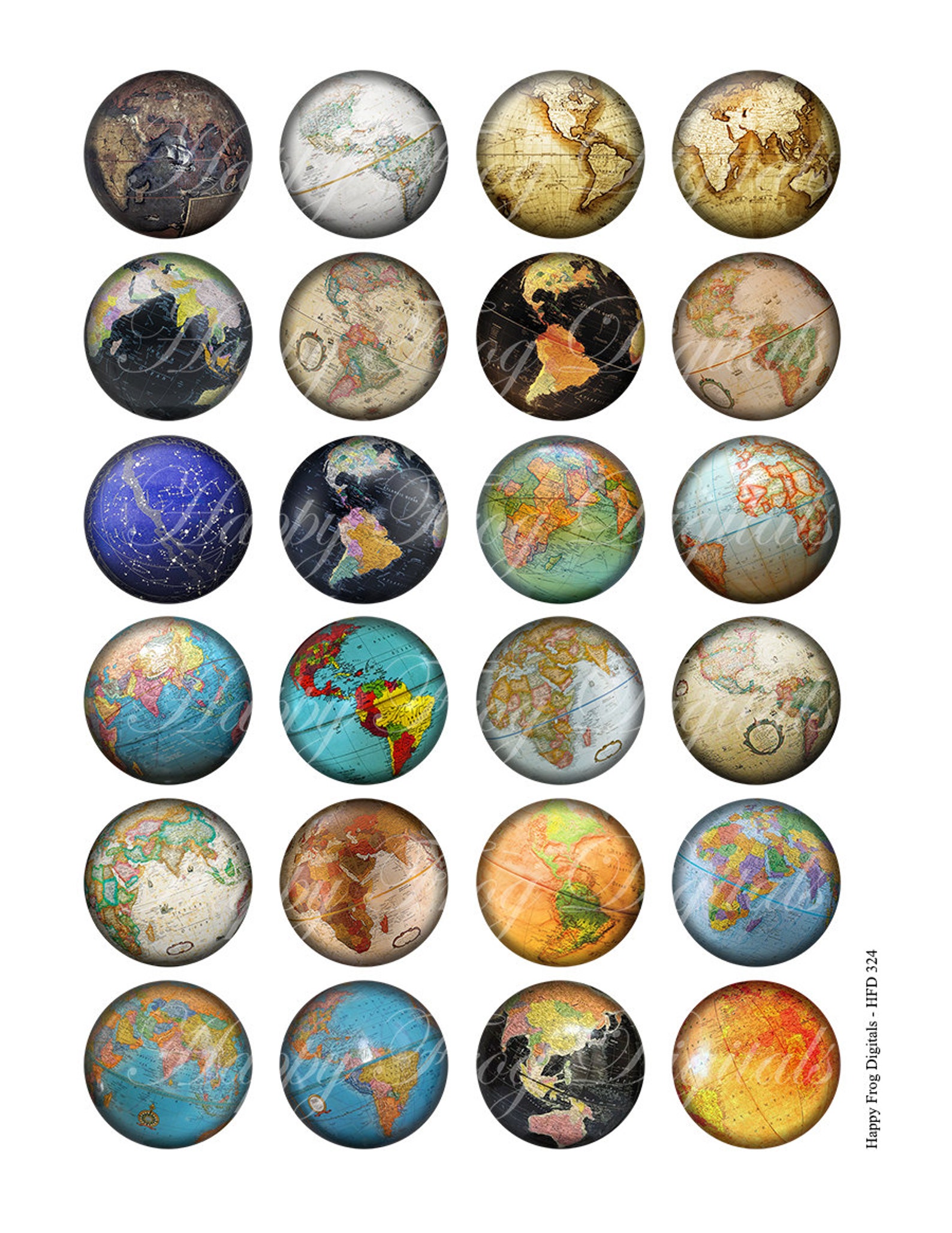 Vintage Earth Globes - 1.5", 1", 30 Mm, 25 Mm Circles - Digital Collage ...
