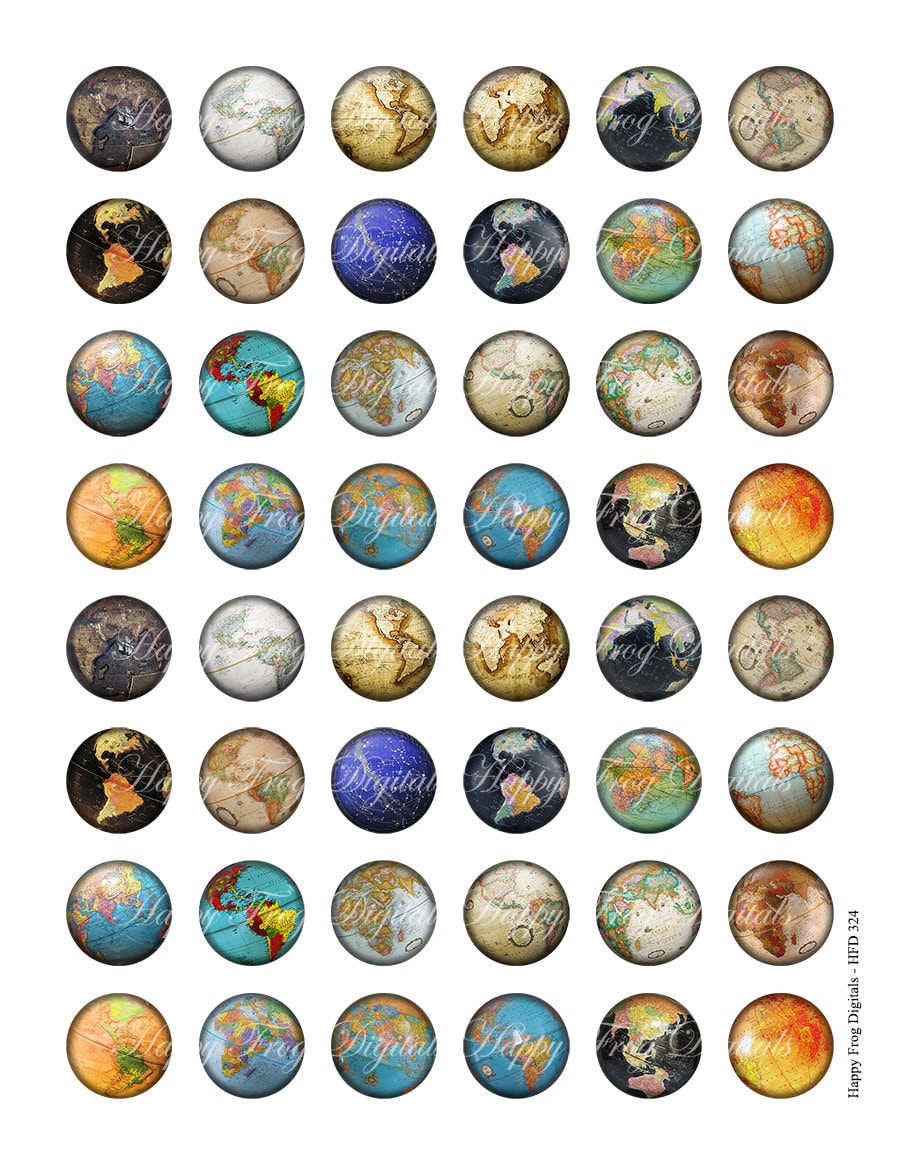 Vintage Earth Globes - 1.5", 1", 30 Mm, 25 Mm Circles - Digital Collage ...