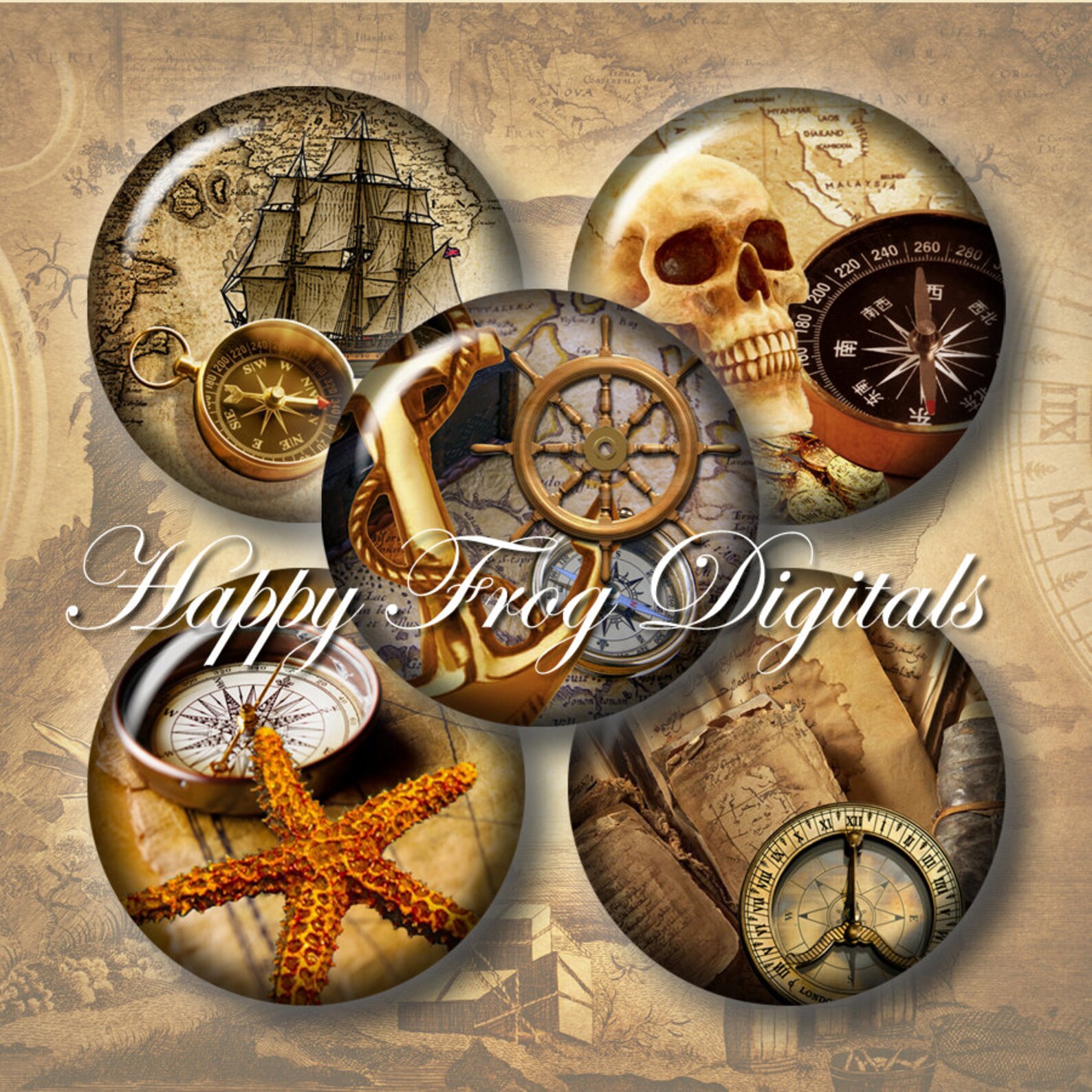 Old Maps and Compass - 1.5", 1", 30 Mm, 25 Mm Circles - Digital Collage ...