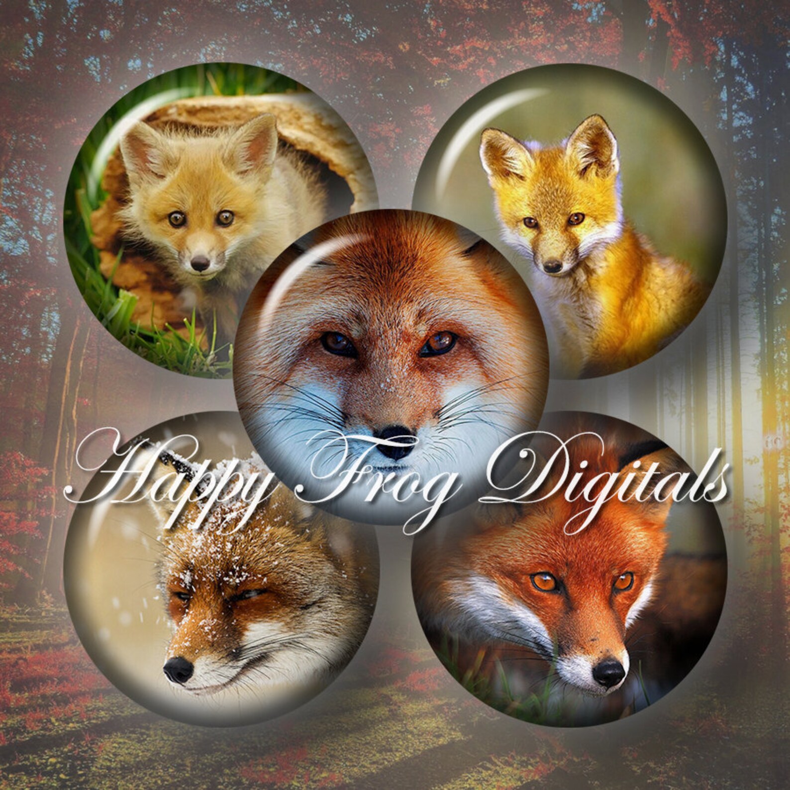 Cute foxes 12 14 16 18 20 mm circles Digital Collage | Etsy