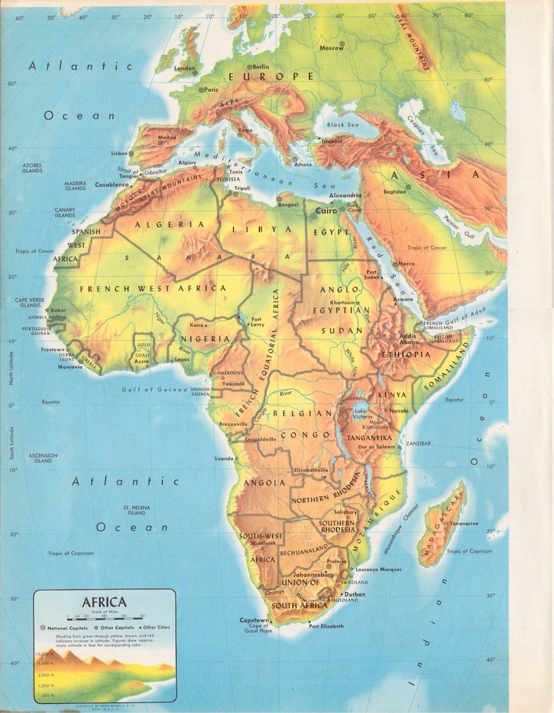 1950s AFRICA Map 11x14 African Continent Vintage Terrain | Etsy