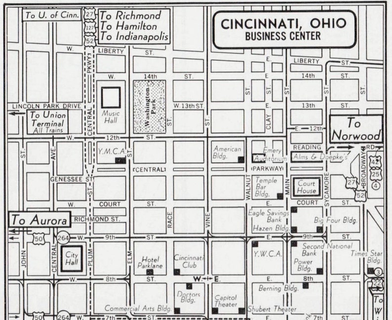 1940s CINCINNATI Street Map 11x14 Black and White Vintage - Etsy
