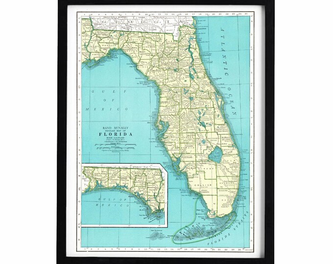 1940s FLORIDA VINTAGE MAP, 11x14 Map, Orlando Miami Tampa, Key West ...