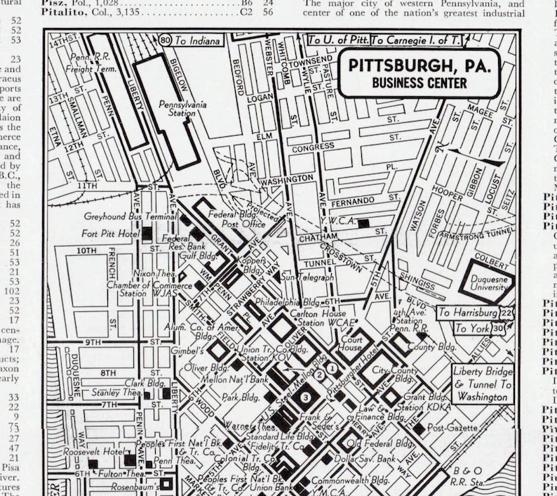 1940s PITTSBURGH City Map, 11x14 Black and White Vintage Street Map ...