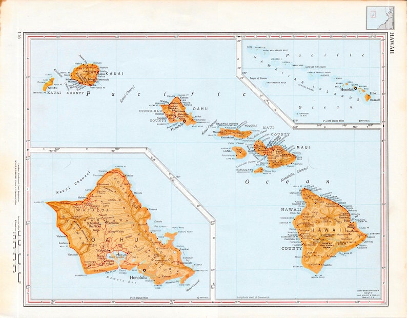 1950s HAWAII Map 14x11 Vintage Map Oahu Honolulu United - Etsy