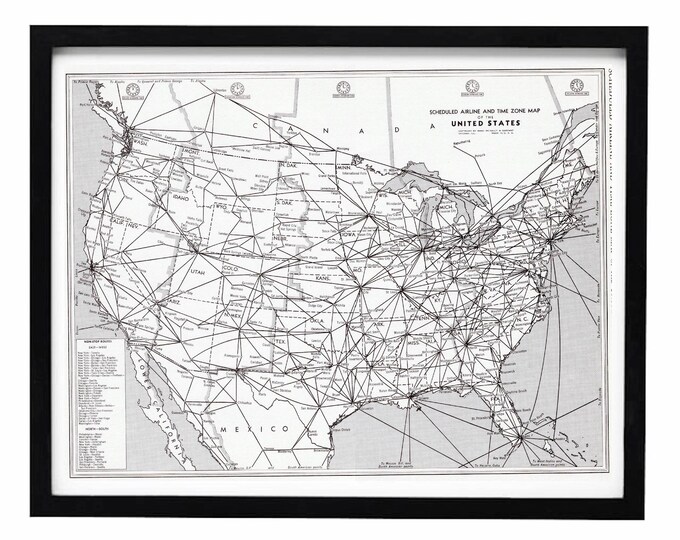 1950s AIR TRAVEL United States Map, 14x11 Vintage Map of USA, 50s ...
