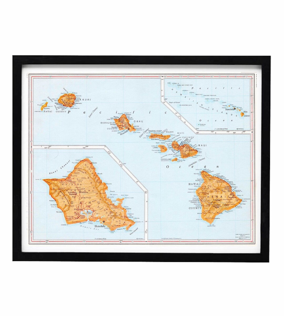 1950s HAWAII Map, 14x11 Vintage Map, Oahu Honolulu, United States of ...