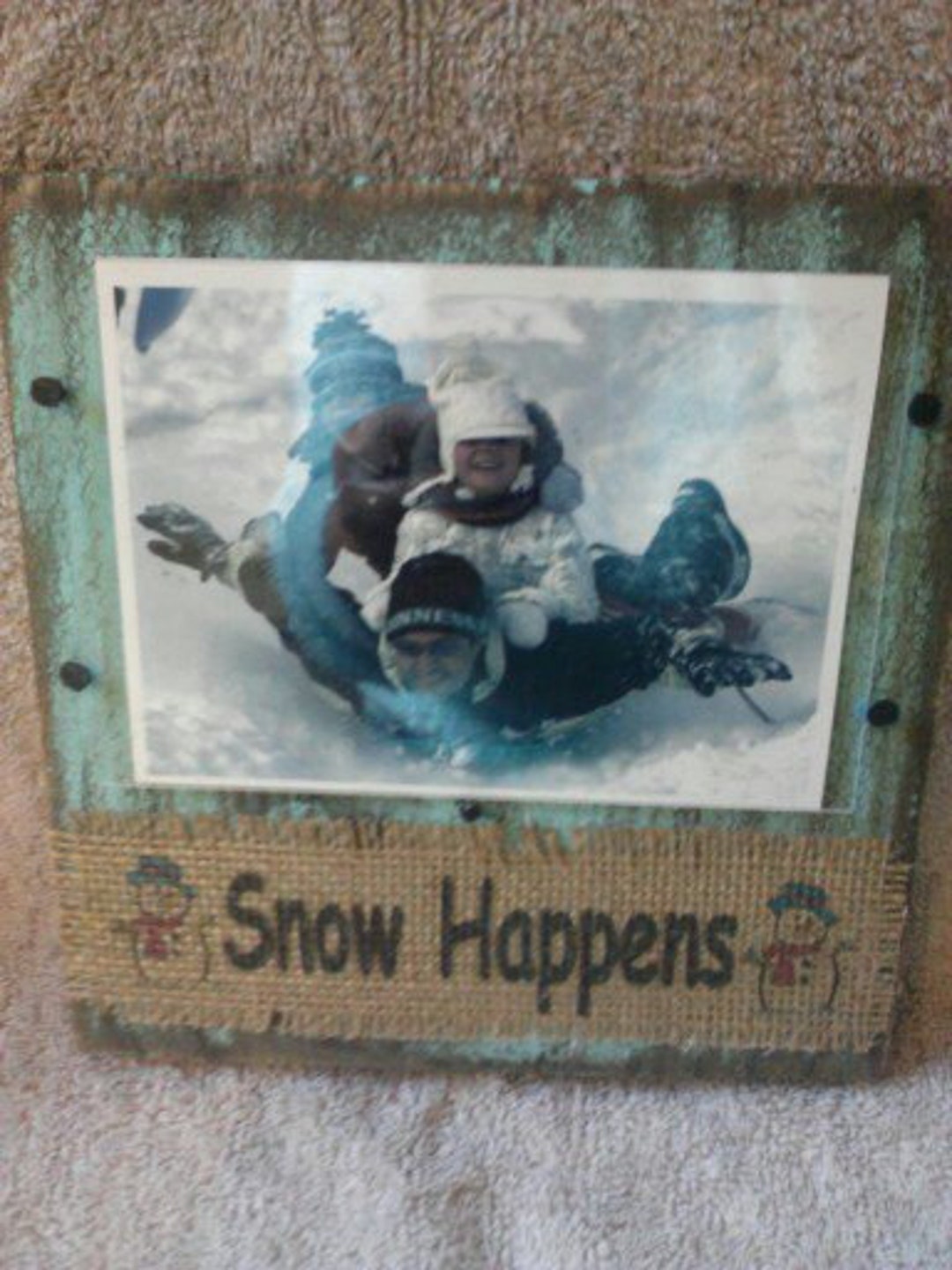 Snow Happens Wood and Burlap Frame Handmade in USA Rustic Winter Snow ...