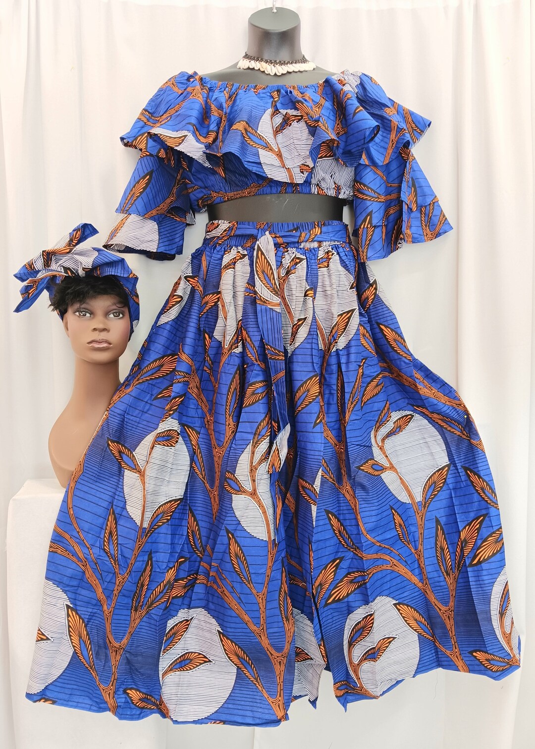 Africa Print 3 Pc Set, Crop Top 2 Ruffle Sleeve, On/off Shoulder. Ankle ...