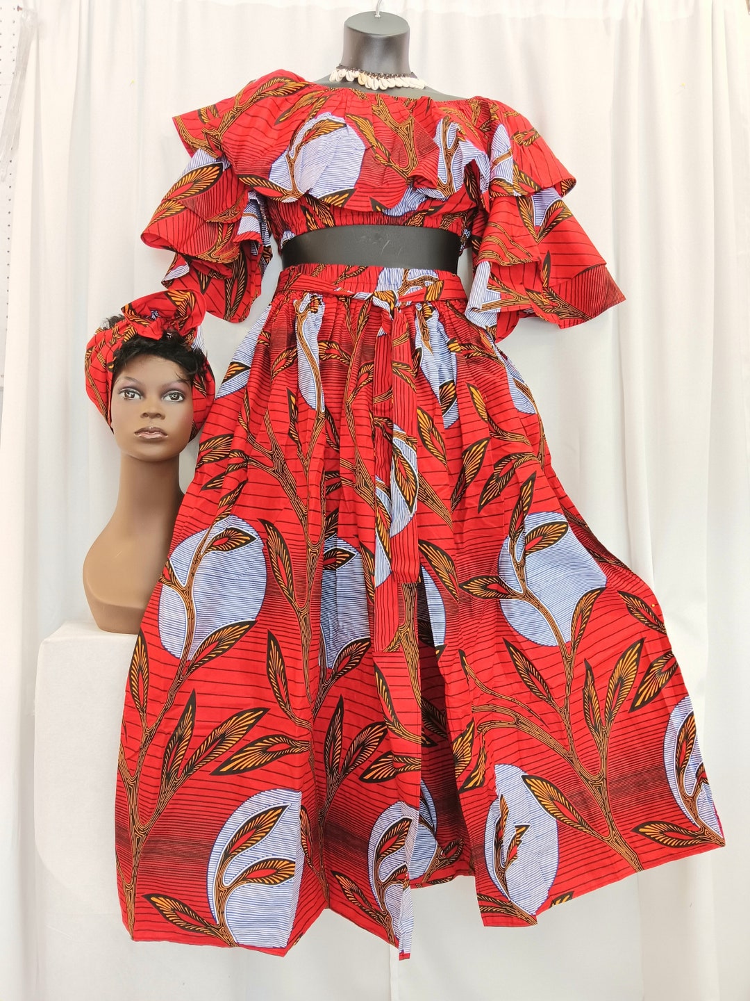 Africa Print 3 Pc Set, Crop Top 2 Ruffle Sleeve, Ankle Length Skirt ...