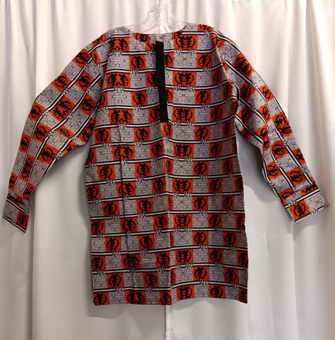 African Print With Gye Nyame Symbol, Men's Long Sleeve Shirt, Buttons ...
