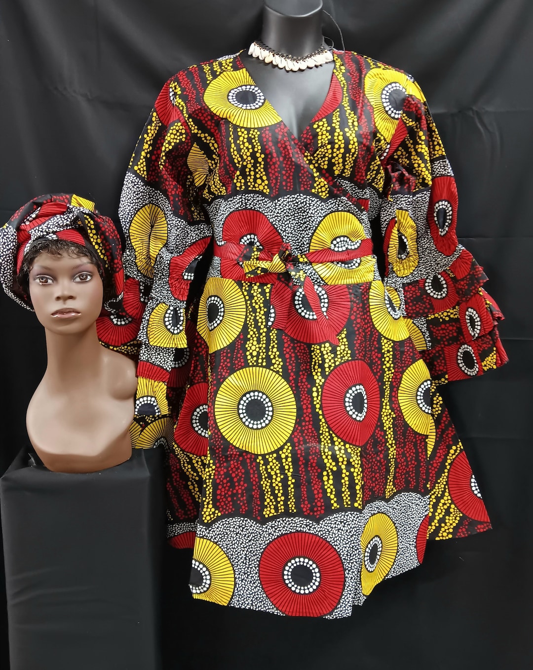 African Print Wrap Dress With Matching Headwrap. Mid-length, Long ...