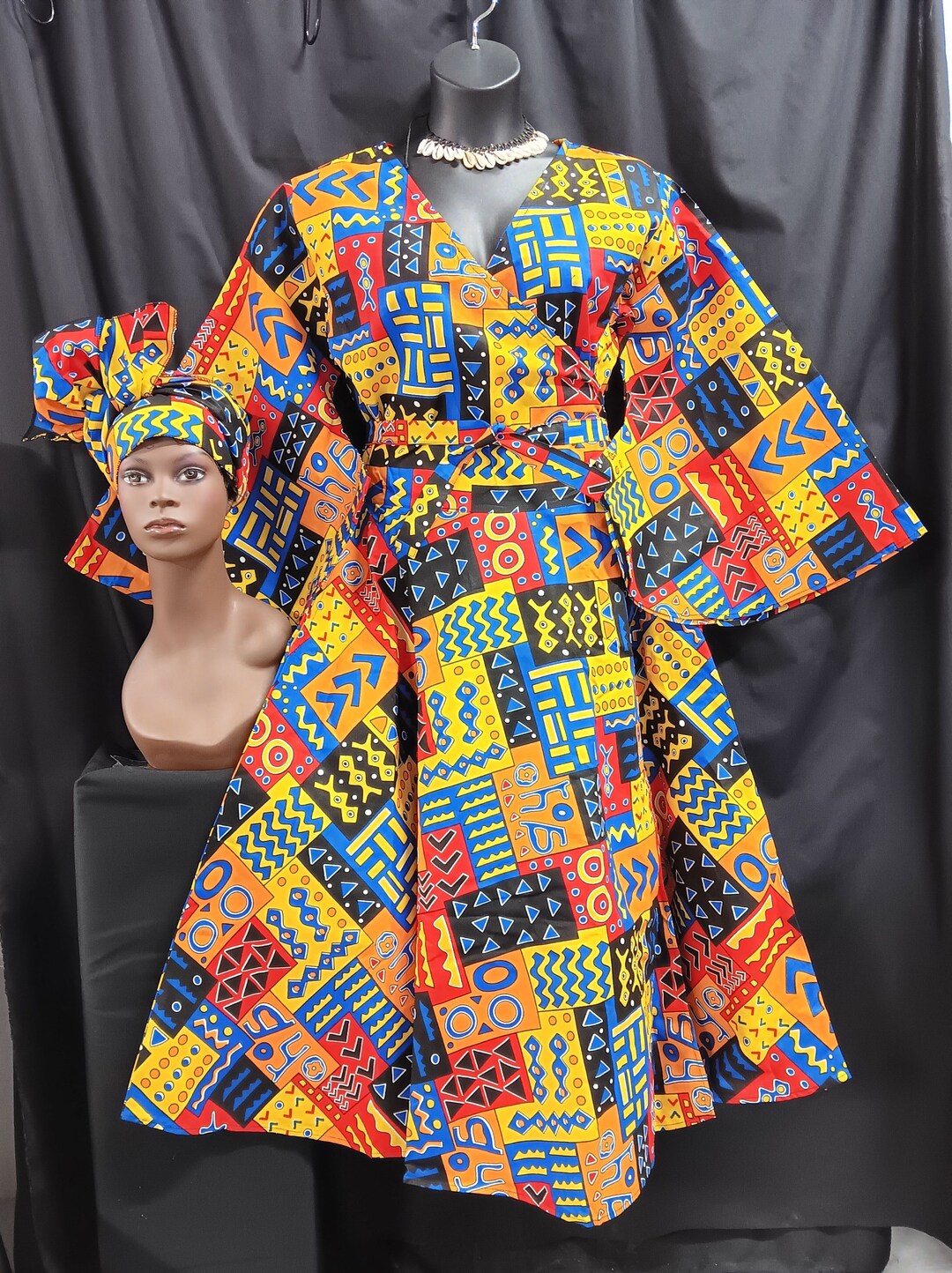 African Print Wrap Dress With Matching Headwrap. Vibrant Blue, Black ...
