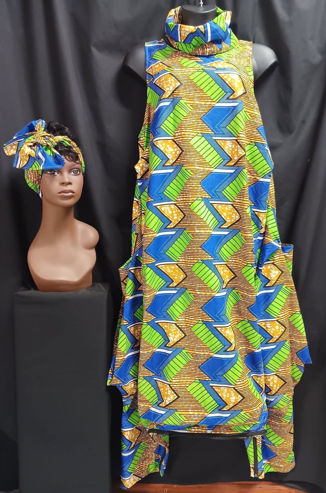 Africa Print Cowl Neck Jumpsuit With Headwrap. Sleeveless. Zip off Cowl ...