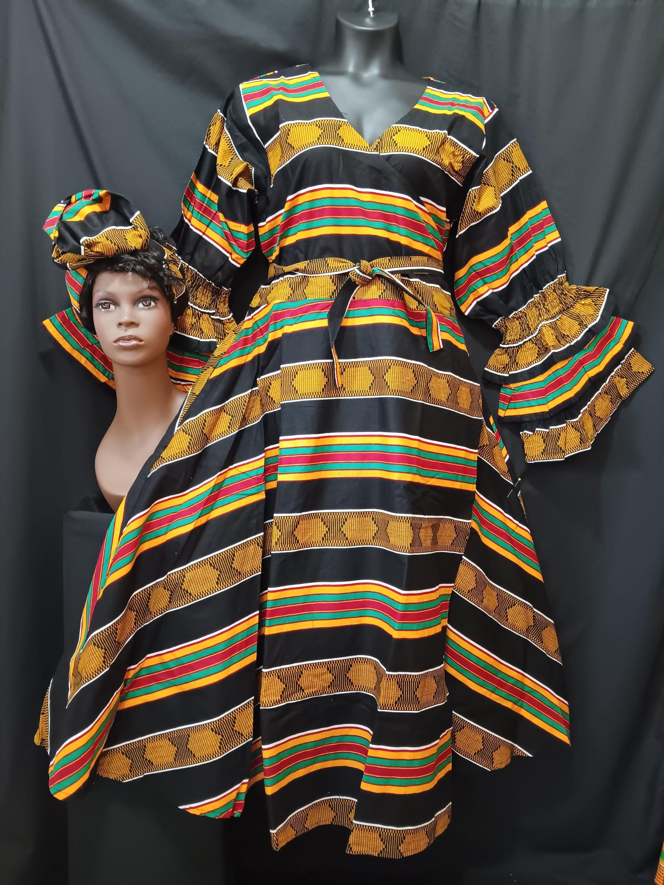 African print wrap dress with matching headwrap. Ankle length, long ...