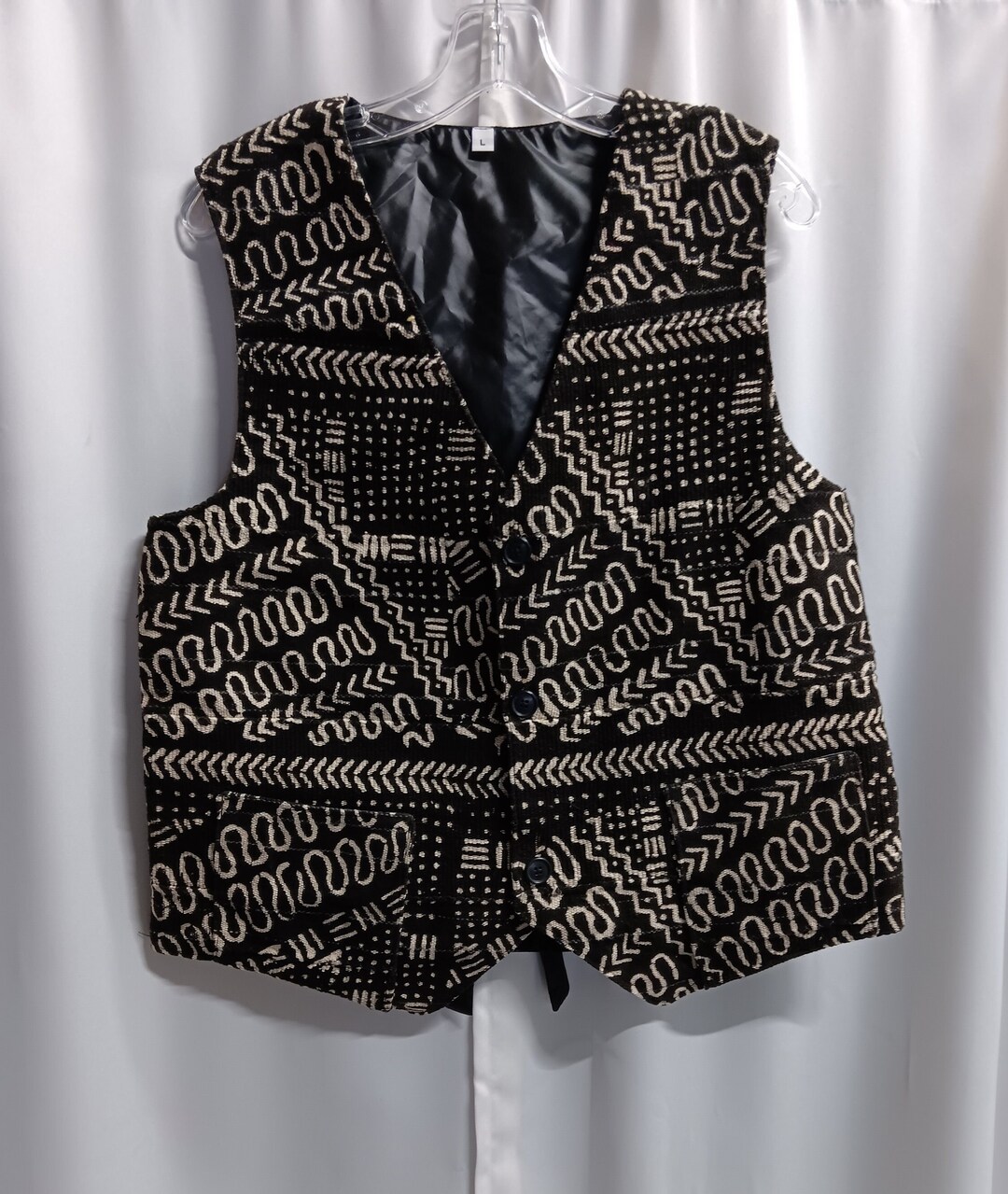 African Mudcloth Vest, With Black Lining, 3 Button Front With Pockets ...