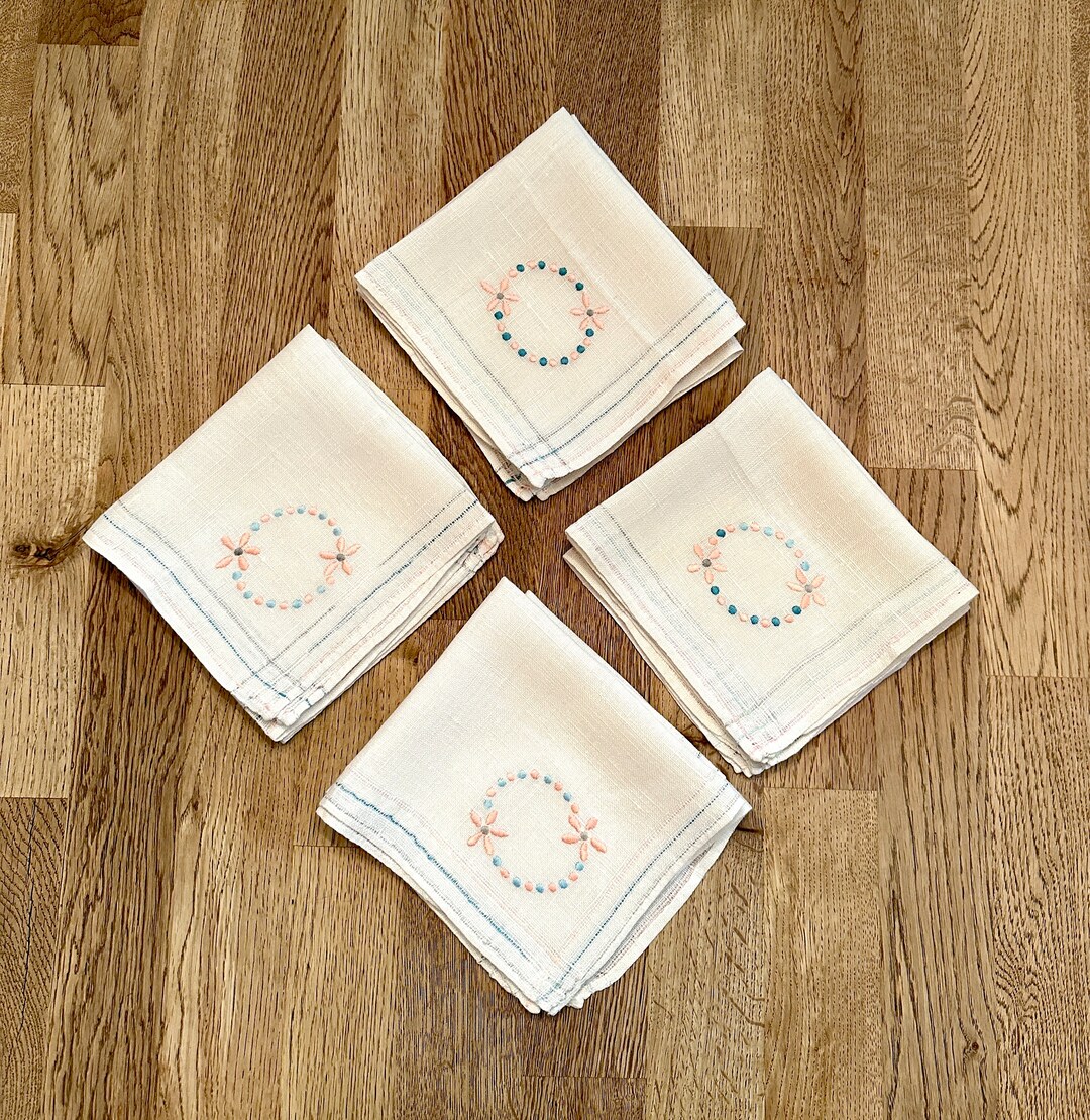 Set of 11 Pretty Linen Hand Embroidered Napkins Pink Blue - Etsy