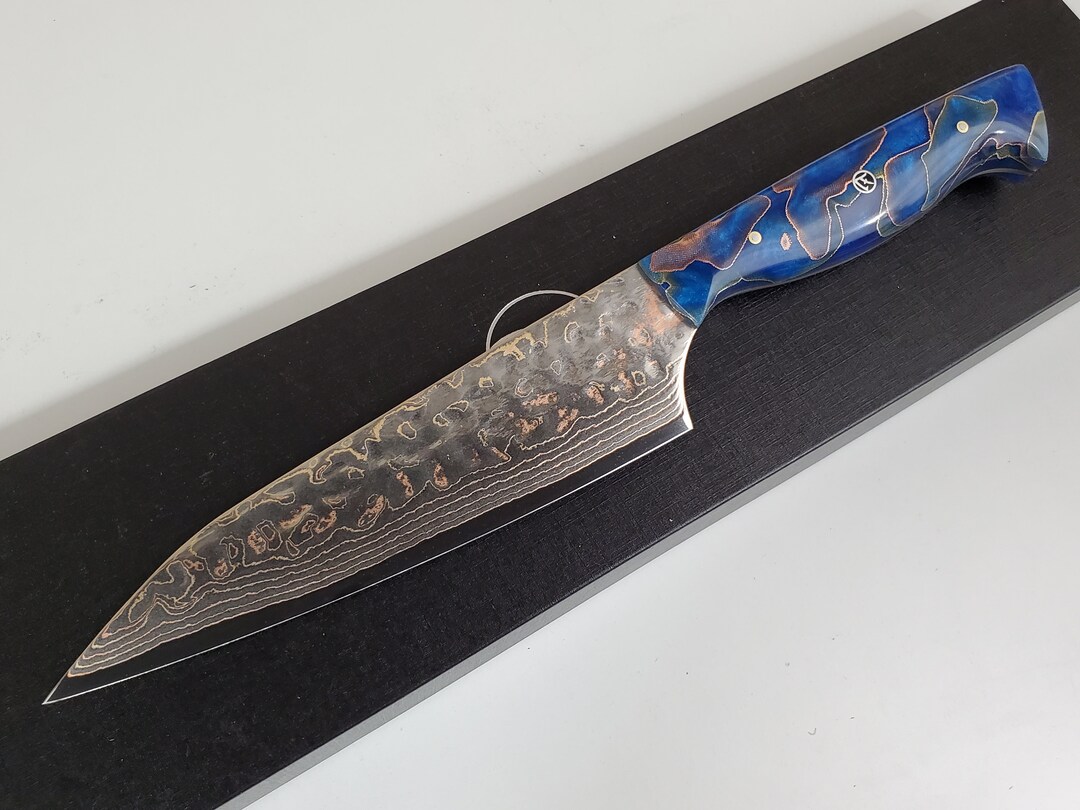Custom Cu Mai Damascus VG10 Chef Knife 6" Blue Resin Copper and Brass ...