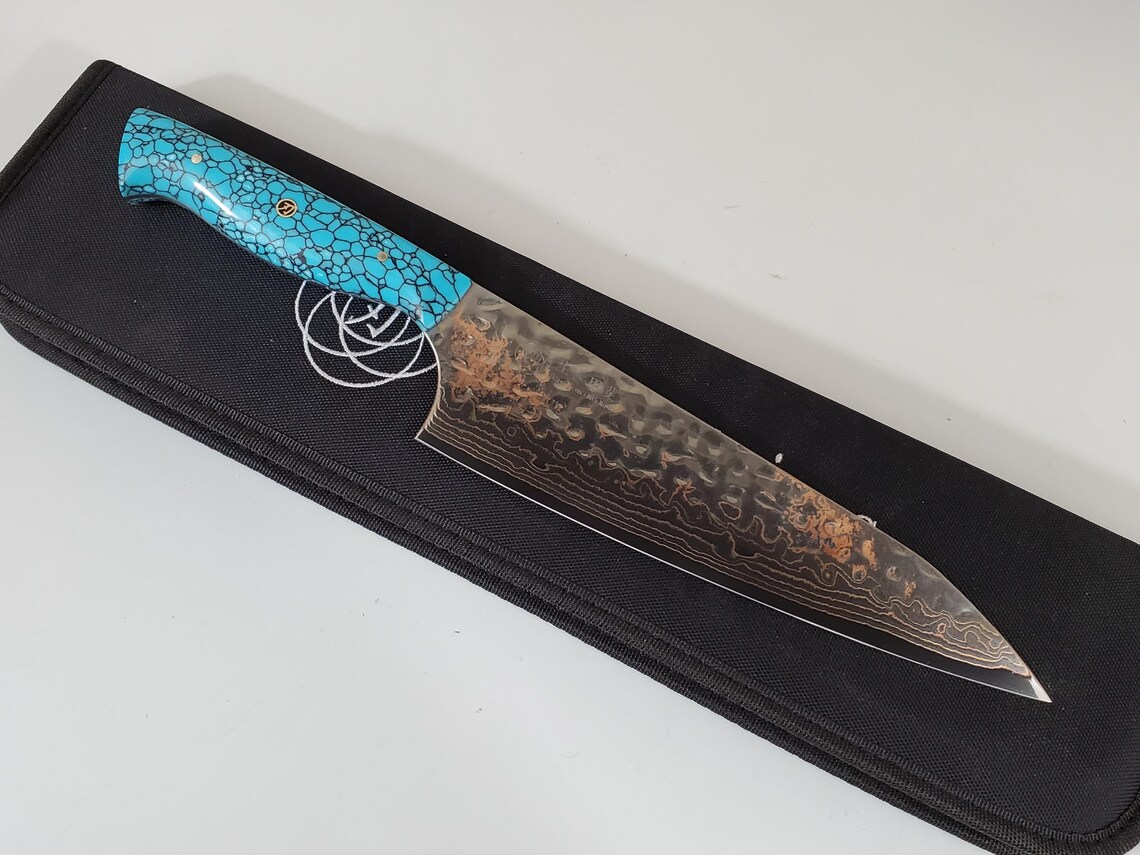 Blue Turquoise Custom Kitchen Knife Rainbow Br Cu Mai Damascus VG10 ...