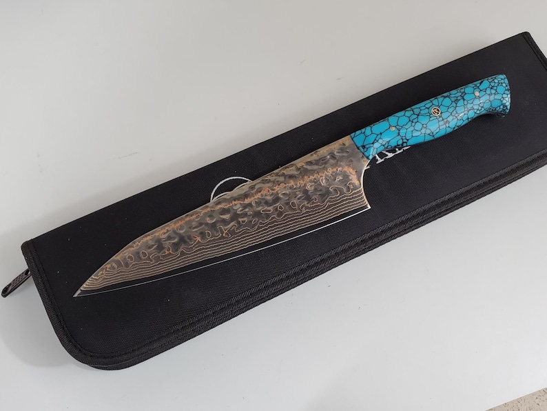 Blue Turquoise Custom Kitchen Knife Rainbow Br Cu Mai Damascus VG10 ...