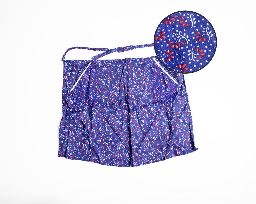 Blue Floral Half Apron, Vintage Kitchen Attire With Two Small Pockets ...