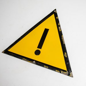 Vintage Industrial Warning Sign, Enamel Triangle Sign, Bright Yellow ...