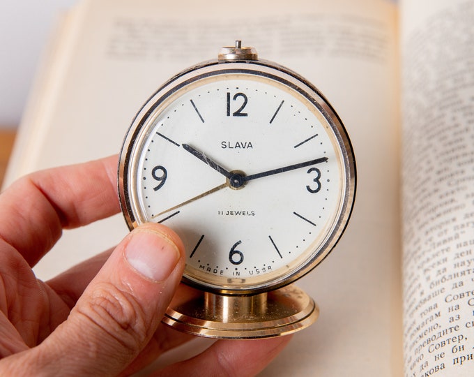 Soviet Alarm Clock, Vintage Black and Gold Slava Clock, Russian Desk ...