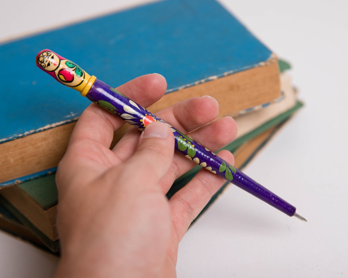 Wooden Pen, Matryoshka Doll Vintage Ballpoint Pen, Indigo Blue Purple ...
