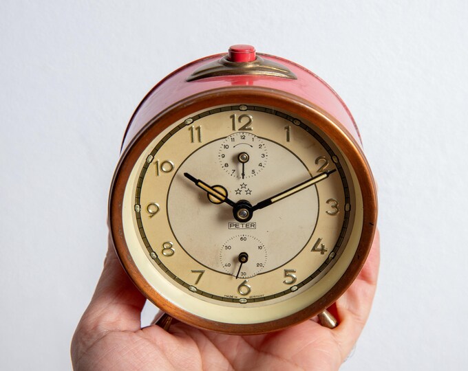 Red German Alarm Clock, 1960s Peter Desk Clock, Mechanical Office Clock ...