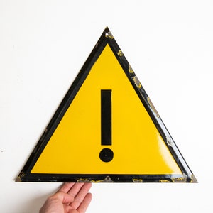 Vintage Industrial Warning Sign, Enamel Triangle Sign, Bright Yellow ...
