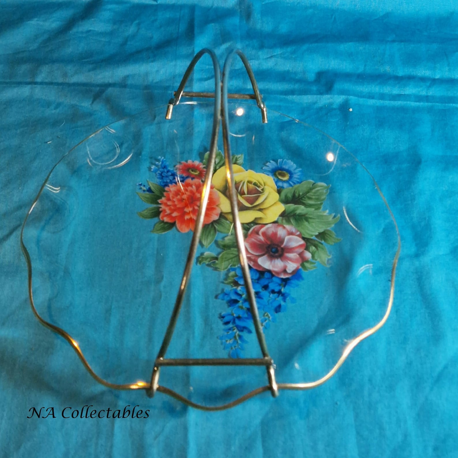 Chance Glass Serving Dish With Brass Handle, 1960's, Fiesta Floral ...