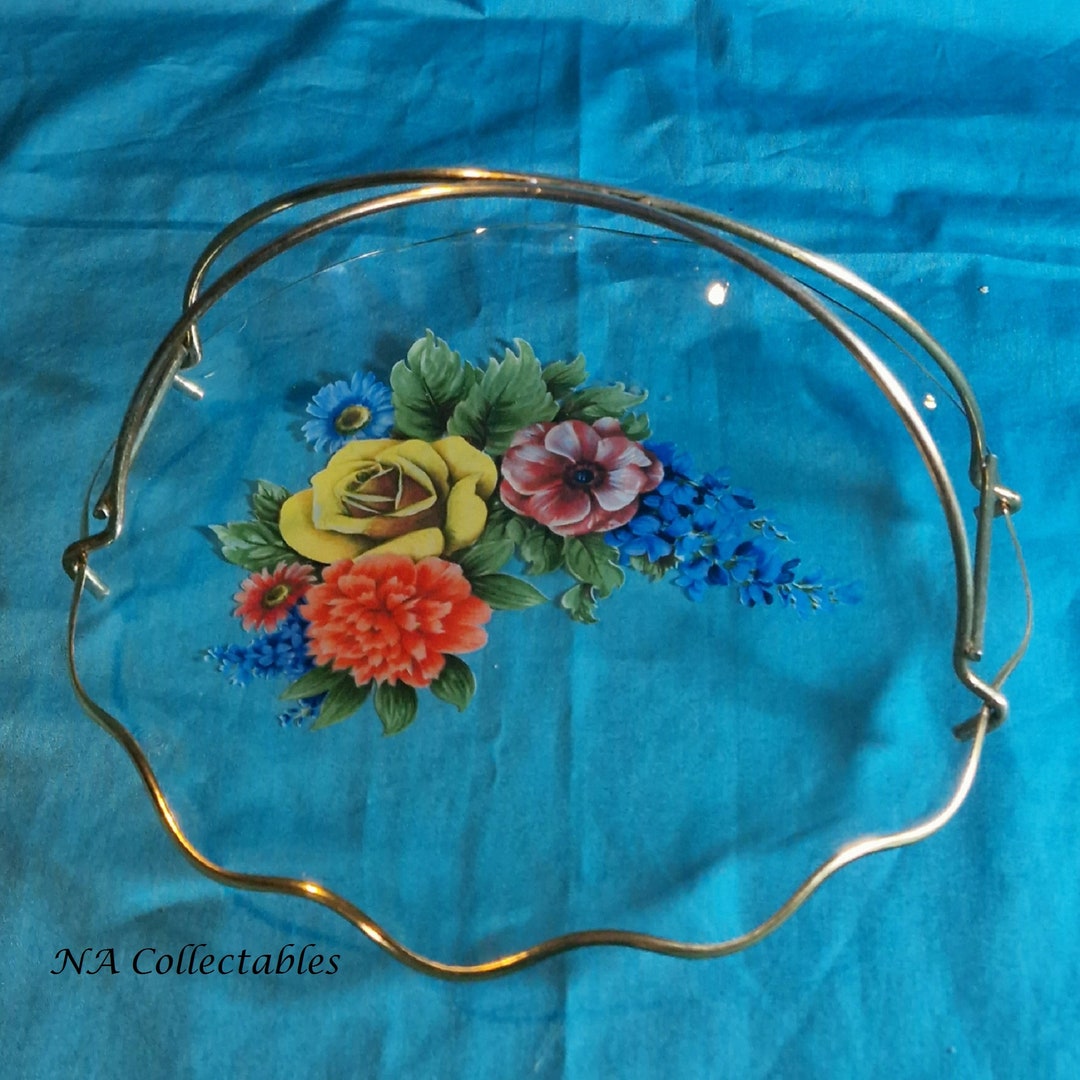 Chance Glass Serving Dish With Brass Handle, 1960's, Fiesta Floral ...
