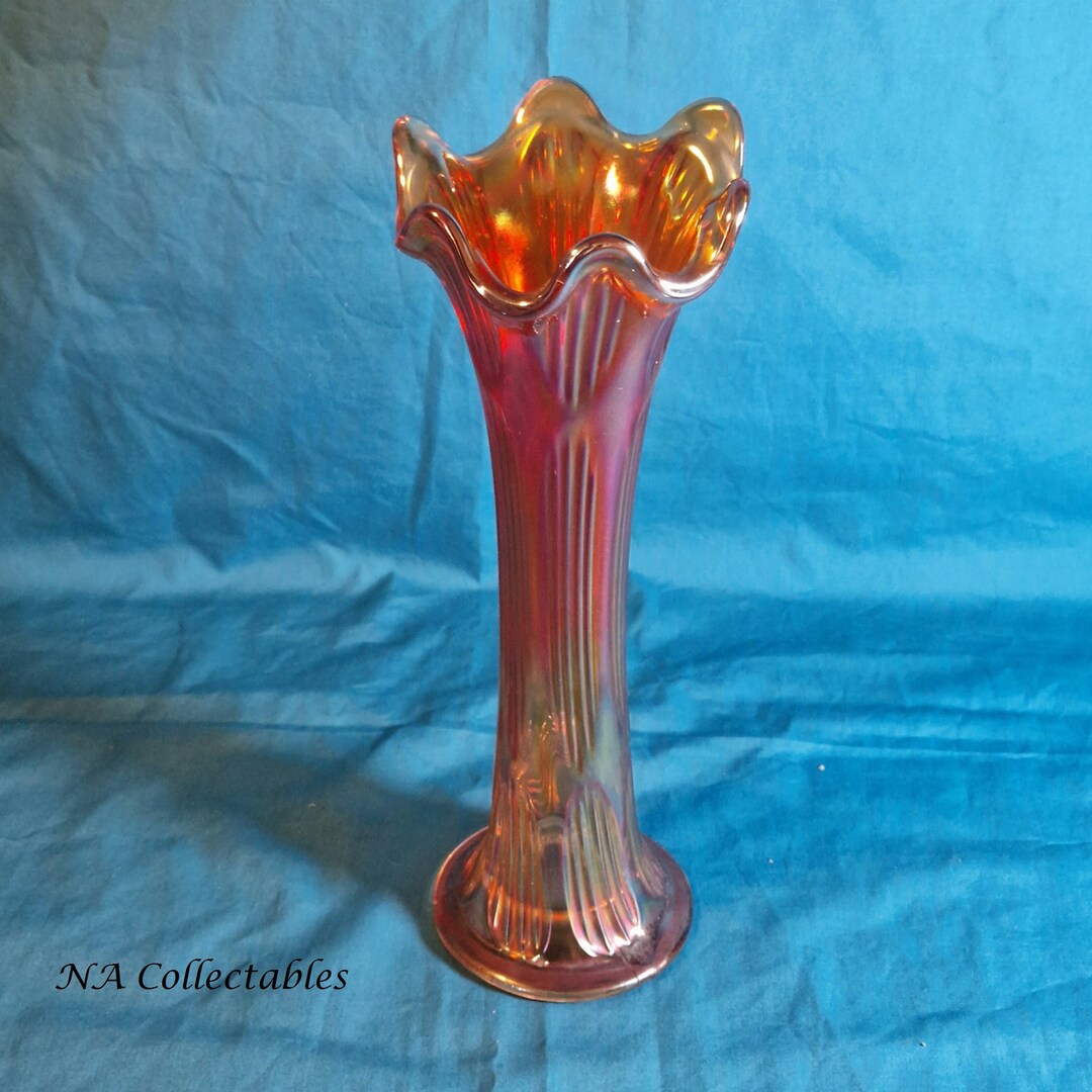 Carnival Glass Funnel Vase by Fenton, Diamond & Rib Pattern in Marigold ...