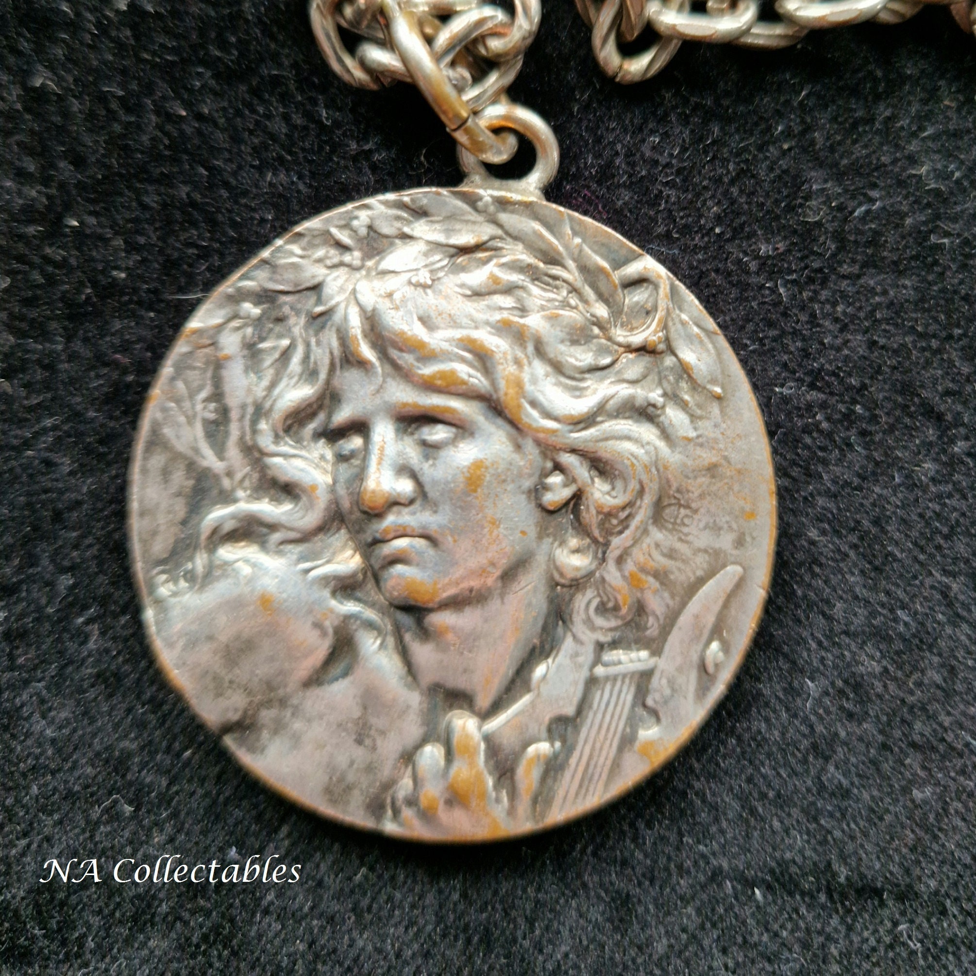 Orpheus Medal by Lucien Coudray, on Silver Plate Chain, Art Nouveau ...