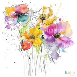 10 Bright Flowers Clipart Set Colourful Floral Clipart Floral Line Art ...