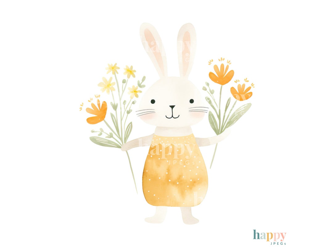 10 Cute Rabbit Clipart Set Bunny & Flower Clipart Printable Watercolour ...