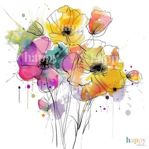 10 Bright Flowers Clipart Set Colourful Floral Clipart Floral Line Art ...