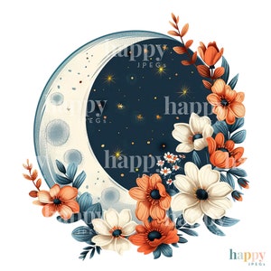 10 Floral Moon Clipart Bundle Crescent Moon Jpegs Printable Watercolour ...