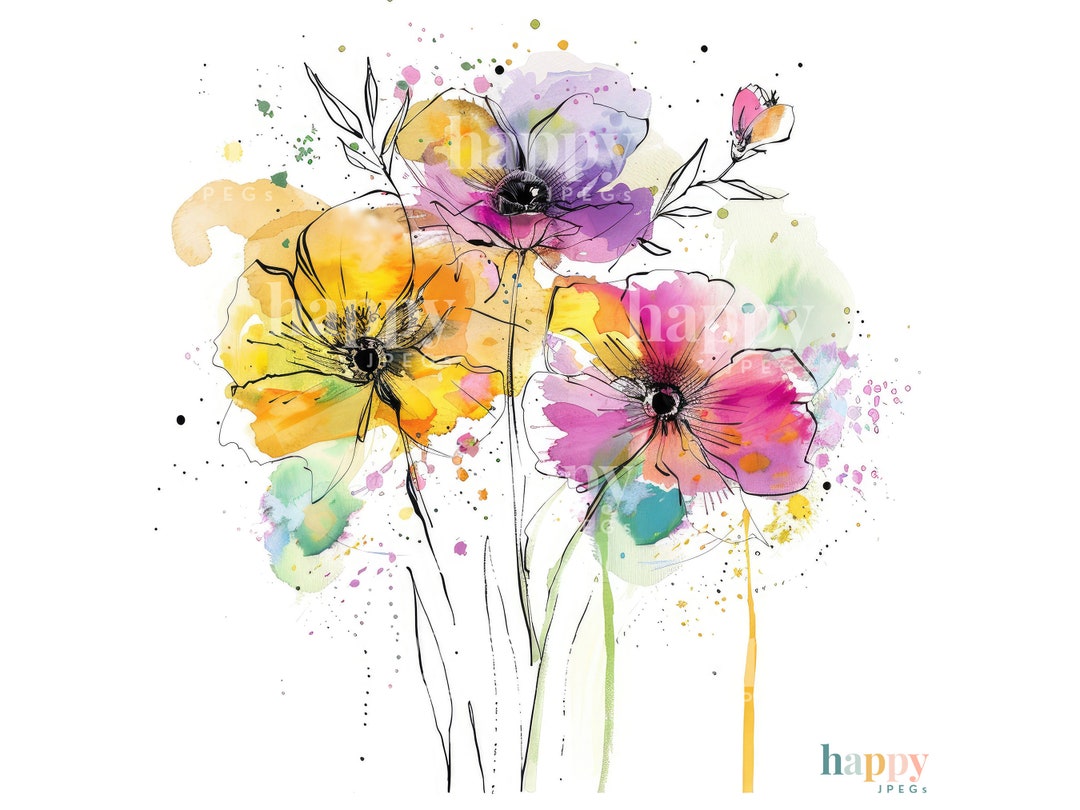 10 Bright Flowers Clipart Set Colourful Floral Clipart Floral Line Art ...