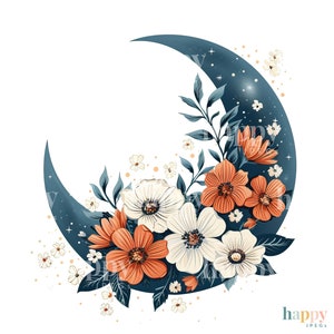 10 Floral Moon Clipart Bundle Crescent Moon Jpegs Printable Watercolour ...