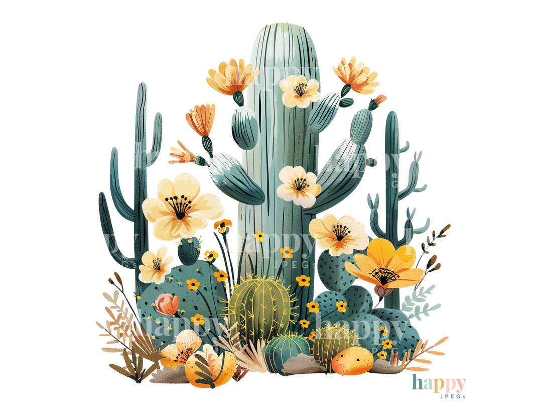 10 Flowering Cactus Clipart Bundle Retro Cactus Jpegs Floral Cactus ...
