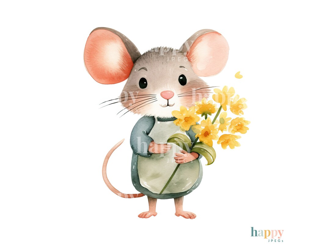 10 Cute Mouse Clipart Set Mouse & Flower Clipart Printable Watercolour ...