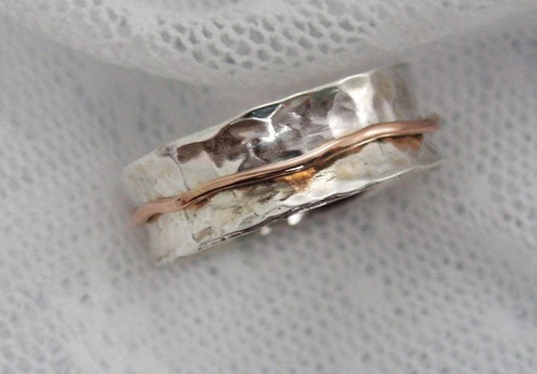 Silver Rose Gold Spinner Ring. Hammered Spinner Ring. Unisex Gold ...