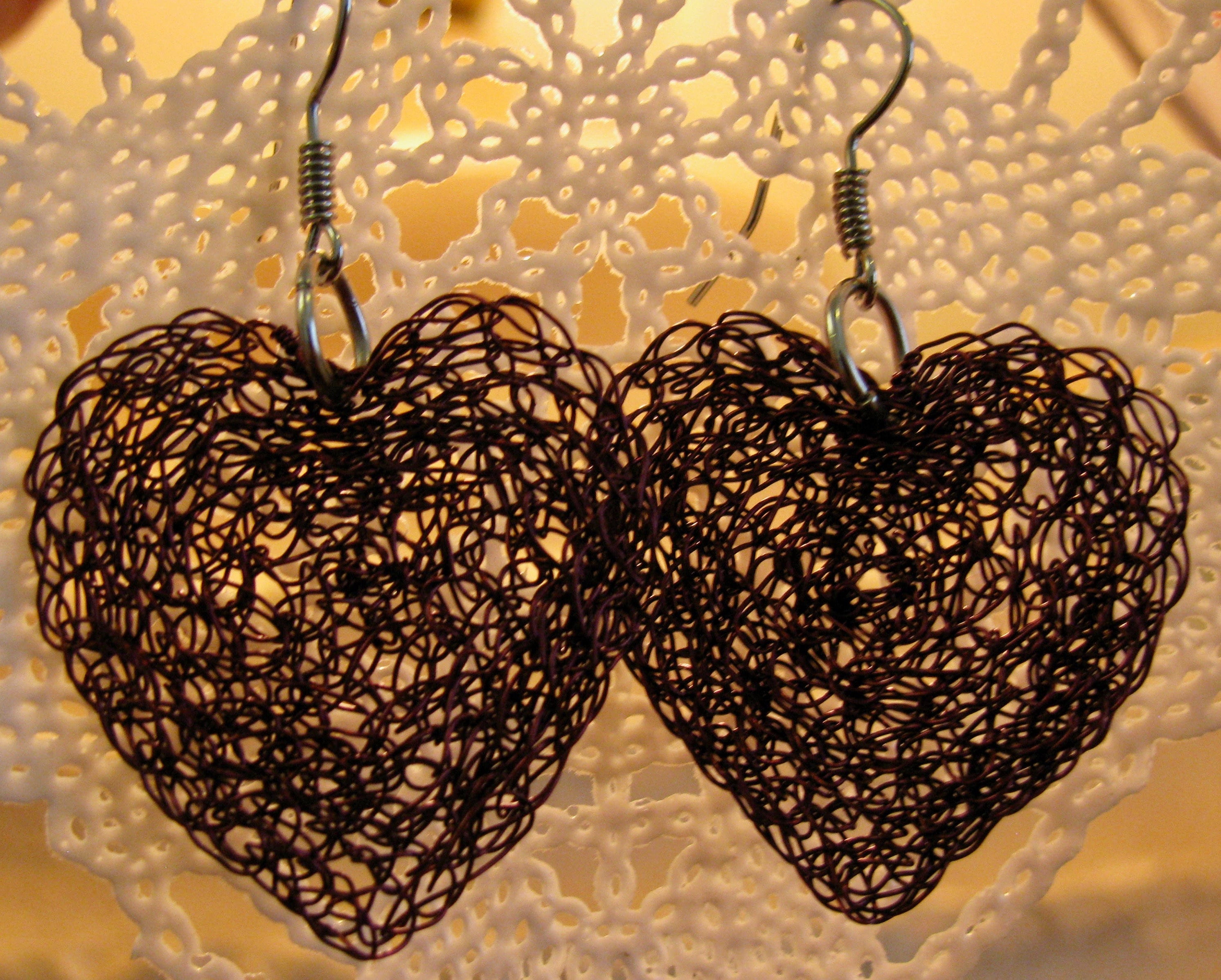 Hand Crocheted Wire Heart Earrings, Valentine's Wire Crochet Earrings ...