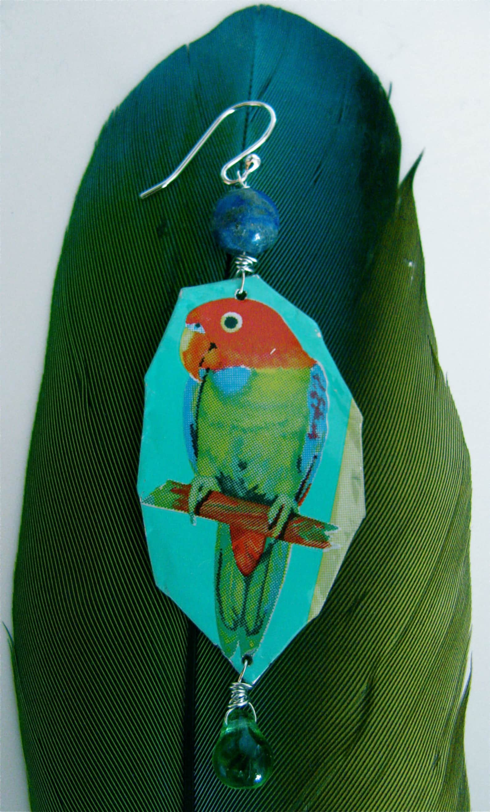 Recycled Tin Can Parrot Earrings With Lapiz Lazuli Bead and - Etsy