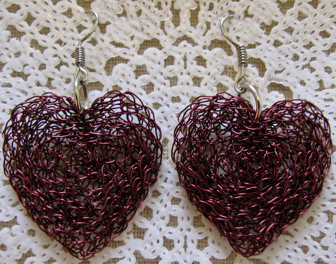 Hand Crocheted Wire Heart Earrings, Valentine's Wire Crochet Earrings ...