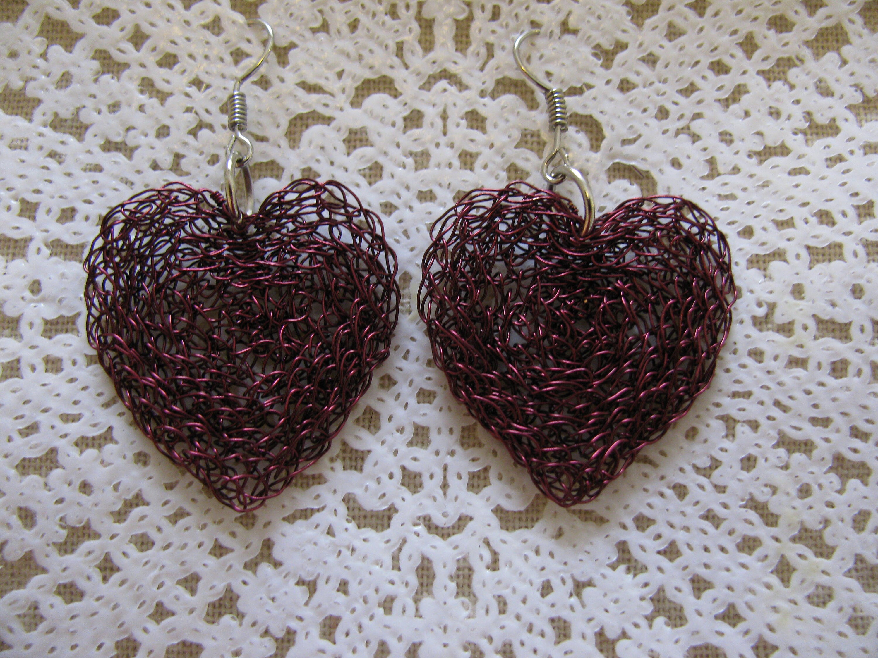 Hand Crocheted Wire Heart Earrings, Valentine's Wire Crochet Earrings ...