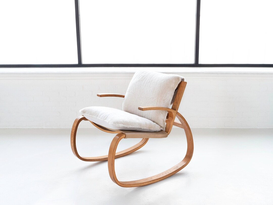 Oak Bentwood Sling Rocking Chair in Shearling by Plycraft, Circa 1970's ...