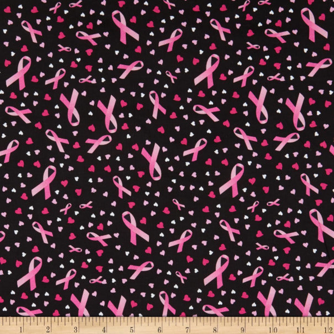 Cancer Awareness Fabric, Pink Ribbon Fabric, Hearts Fabric, Black and ...