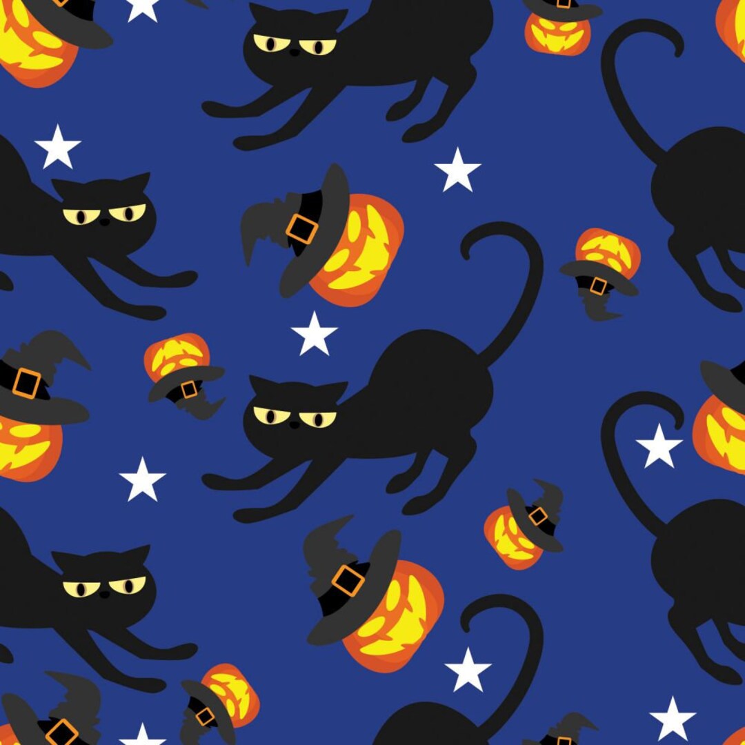 Halloween Fabric, Black Cats and Pumpkins Fabric, Cats and Pumpkins ...